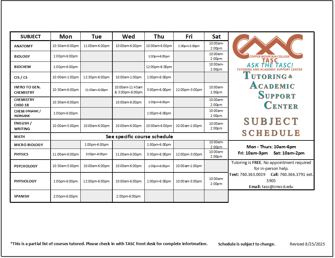 Tutoring & Academic Support Center (TASC) - Copper Mountain College